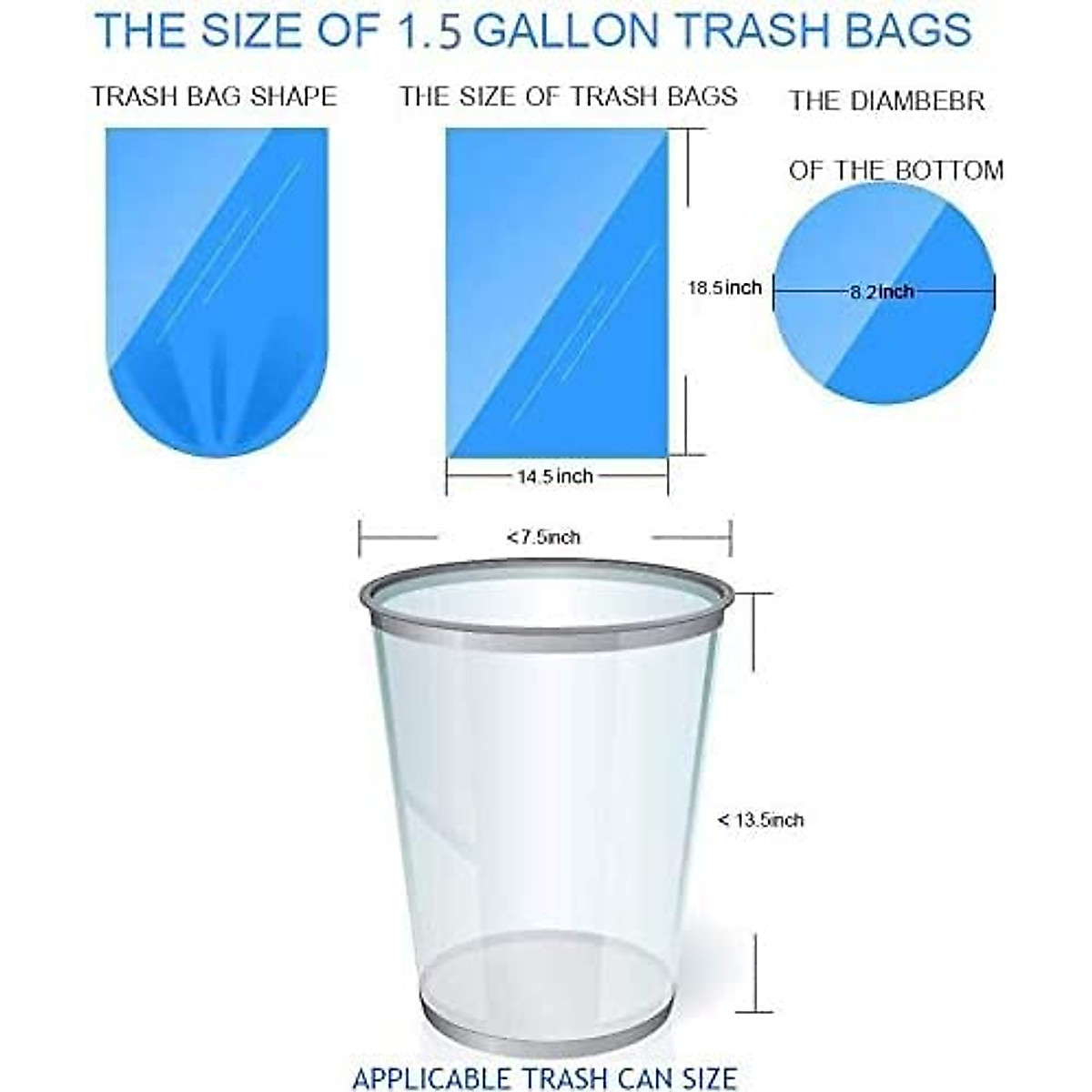 1.5 Gallon Trash Bags With Drawstring, 100 Pcs Trash Can Liners Black, Blue Strap Bathroom Garbage Bags Tighten Quickly Pack Garbage, Quick Cinch of the Drawstring, lasting value