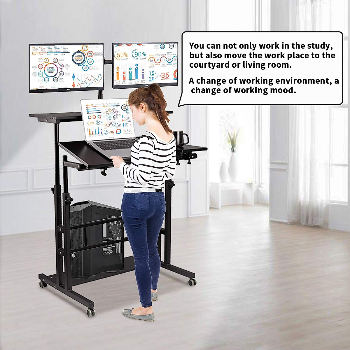 Hadulcet Mobile Standing Desk, Rolling Table Adjustable Computer Desk, Stand Up Laptop Desk Mobile Workstation for Home Office Classroom with Wheels, 31.49 x 23.6 in Light Grey