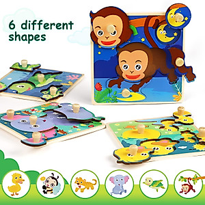Toy Life Wooden Puzzles for Toddlers 1-3, 6 Animals Toddler Puzzles 1-3, Puzzles for Toddlers 2-4, Wood Puzzles Montessori Toys for 1 2 Year Old, Baby Puzzles 12-18, Kids Learning Toy Xmas Gifts