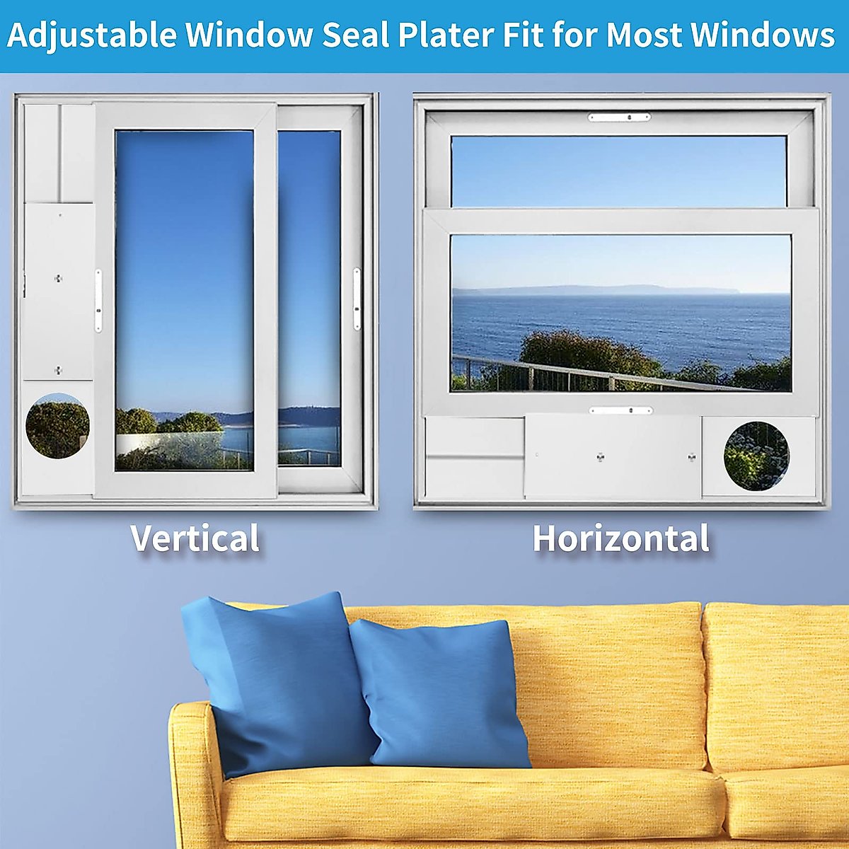 Portable Air Conditioner Window Kit with Coupler, Vertical/Horizontal Sliding Window AC Vent Kit, Adjustable Length from 17" to 60" AC Window Seal Plates Kit for 5.9"/15 cm Exhaust Hose