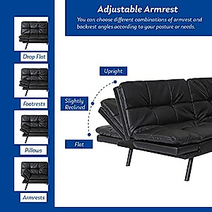 MLILY Modern Futon Sofa Bed, Convertible Sofa Loveseat with Adjustable Backrest and Armrest, Memory Foam Sleeper Couch Bed for Office, Living Room, Bedroom and Sitting Room, Black