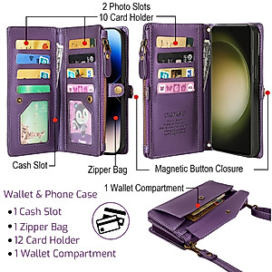 DKDKSIP for Samsung Galaxy S23 Ultra Wallet Case for Women, [Wireless Charging] [RFID Blocking] [12 Card Holder], Leather Detachable Magnetic Strap Phone Case for Galaxy S23 Ultra 6.8", Purple