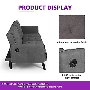 HFG 65in Modern Fabric Linen Upholstered Convertible 2 USB Folding Futon Couch Sofa Bed, Foldable Loveseat, Loveseats Furniture for Compact Small Space, Dorm, Living Room Apartment, Office, Dark Grey