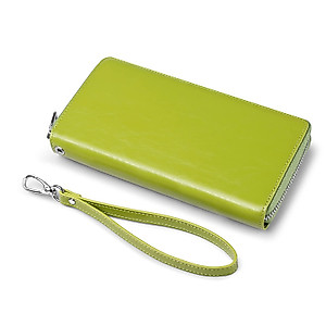 JEEBURYEE Women's RFID Blocking Large Capacity Luxury Oil Wax Genuine Leather Zip Around Wristlet Wallet Clutch Multi Card Holder Ladies Purse Green