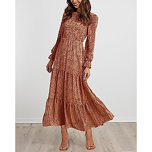 BTFBM Women Casual Long Sleeve Crew Neck Fall Dress Bohemian Relaxed Fit Floral Flowy Maxi Dresses Tiered Cocktail Dress（Floral Brown, Small