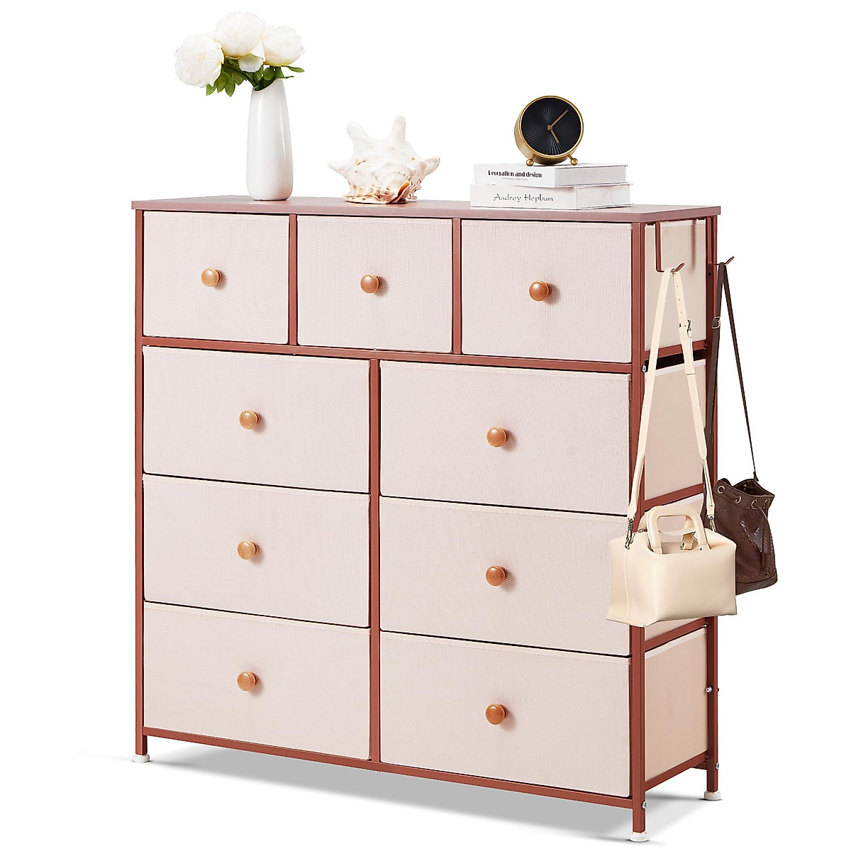 Sapodilla Pink 9 Drawers Dresser for Girls Bedroom,Chest of Drawers with Metal Frame Side Hook Wood Top,Large Capacity Closet Dresser in Living Room Hallway Storage Room (Pink, 9 Drawers)