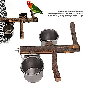 Bird Feeding Bowl Bird Feeding Dish Cup Stainless Steel Bowl with Wood Bird Stand Perch for Parakeet Budgies Lovebirds and Parrot