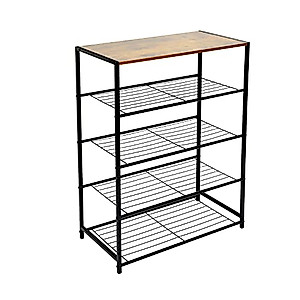 LEEJAY 5 Tier Shoe Rack for Entryway, Freestanding Display Shelf Storage Organizer with 4 Metal Shelves and Top Panel - Rustic Brown