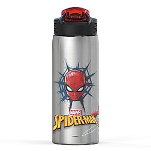 Zak Designs 27oz Marvel 18/8 Single Wall Stainless Steel Water Bottle with Flip-up Straw and Locking Spout Cover, Durable Cup for Sports or Travel (27oz, Spider-Man)