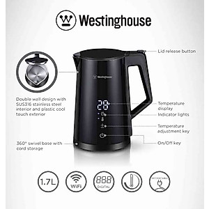 Westinghouse 220 volts Kettle -Smart -Double Wall-Variable Temperature kettle - Stainless steel interior and cool touch exterior 1.7 LIter 220v 240 volt (NOT FOR USE IN USA)