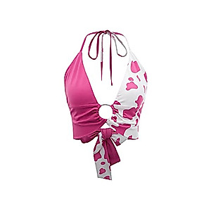Verdusa Women's Cow Print O Ring Deep V Neck Tie Backless Crop Halter Top White Hot Pink S