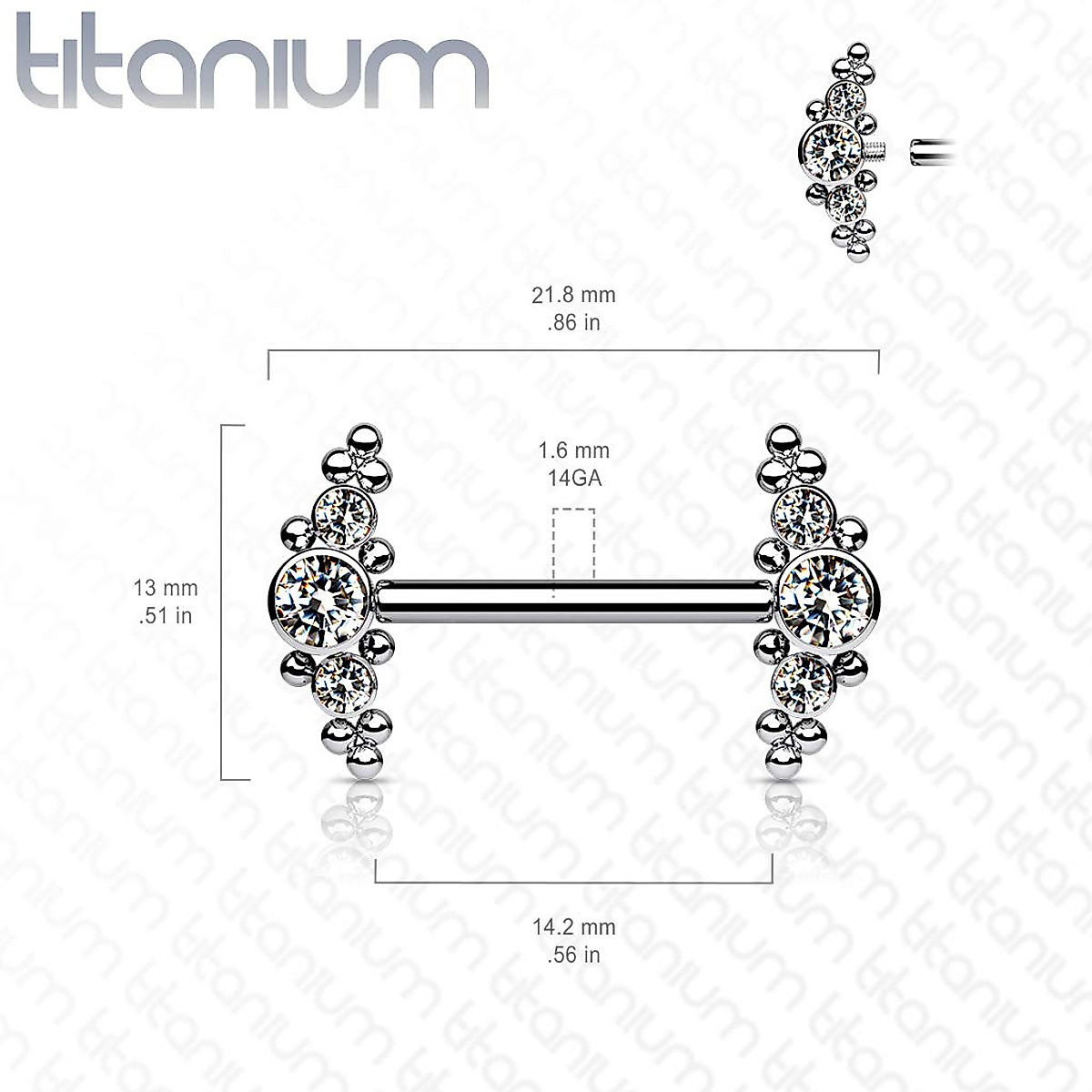 Dynamique Implant Grade Titanium Nipple Barbells With Bezel Set CZ and Micro Ball Cluster Internally Threaded Ends (Sold Per Pair Or Per Piece)