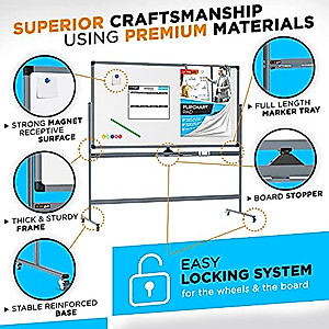 Zenguin Mobile Whiteboard – Easel Style Dry Erase Board w Locking Wheels - Double Sided Magnetic Easel Board - Adjustable Height Rolling Whiteboard - Portable Whiteboard w Accessories (48x36, Gray)