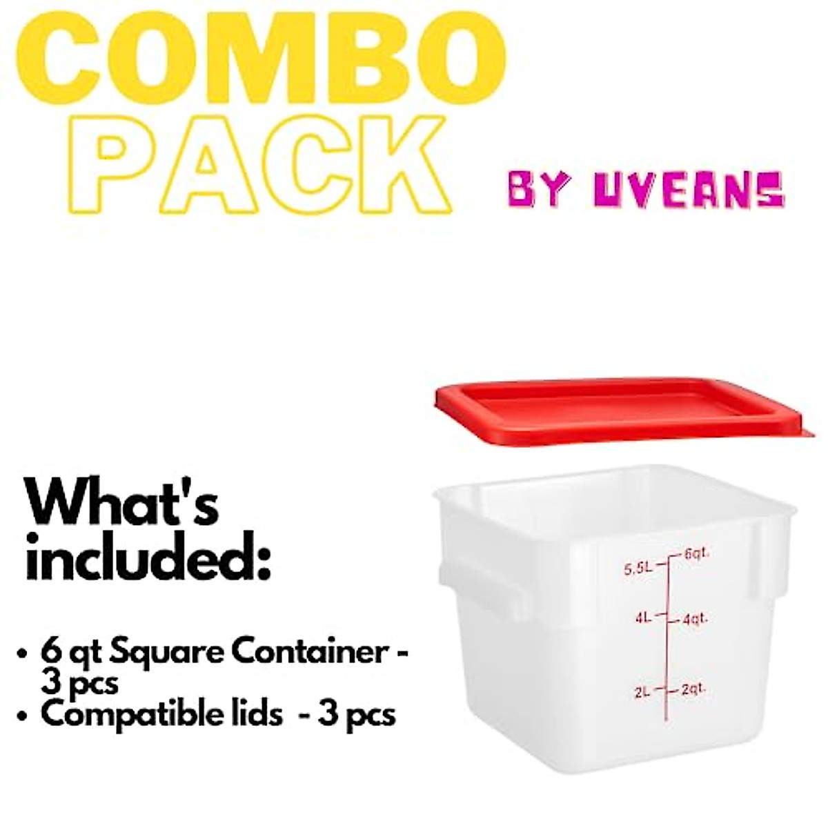 uVeans 6 pack Square Sous Vide Containers With Lids - 6 Quart Restaurant Supplies Food Containers - 3 Containers and 3 Lids Food Service