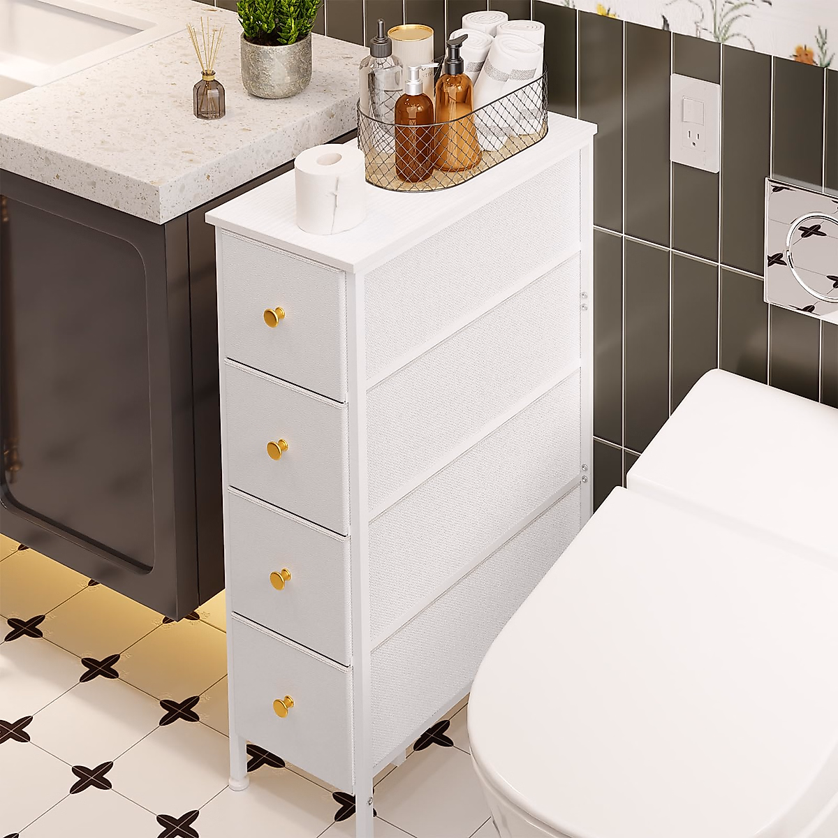 Fixwal Narrow Storage Cabinet, Narrow Nightstand Dresser with 4 Drawers, Slim Fabric Dresser Storage Tower for Small Spaces, White Dresser, for Bedroom, Bathroom, Living Room, Laundry, Closet