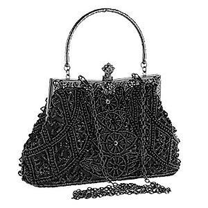 HOOLUCK Vintage Roaring 20s Beaded Sequined Evening Bag 1920s Flapper Clutch Gatsby Pearl Purses and Handbags… (Black)