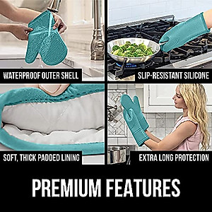 Gorilla Grip Silicone Oven Mitts Set and Silicone Dish Drying Mat, Both in Turquoise Color, Oven Mitts are Heat Resistant, Drying Mat is Size 16x12, 2 Item Bundle