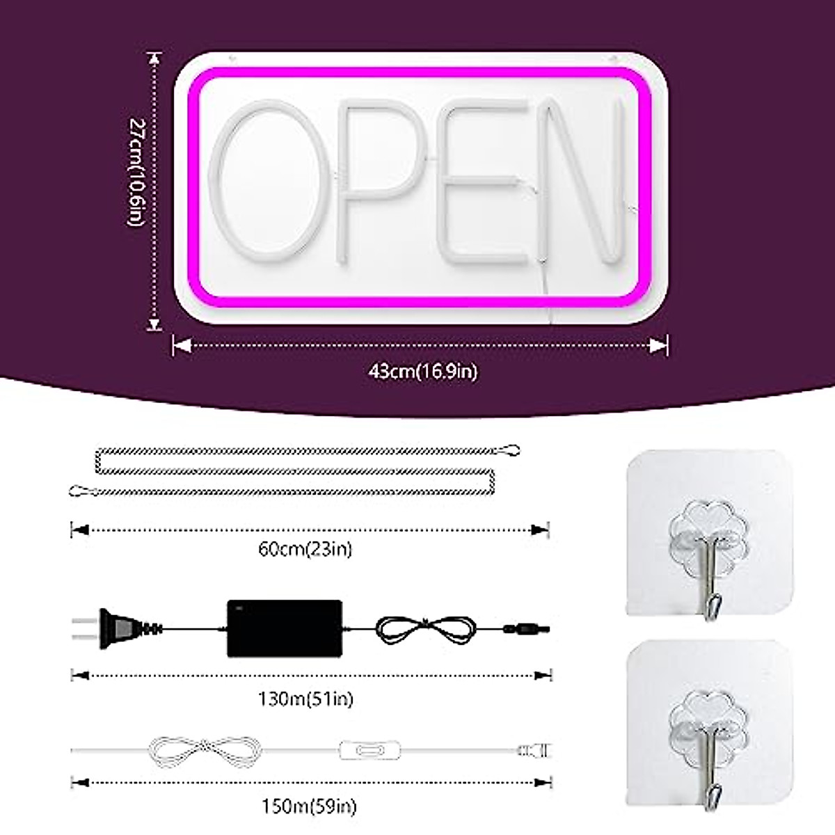 LED Open Signs for Business Ultra Bright Lighted Sign Open neon 16.5“ × 9”with ON/OFF Switch adapter for store window display, Party Bar Salon Hotel (White & Pink)