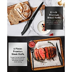 MIDONE Knife Set with Block, 17 Pieces Kitchen Knife Set with Built in Knife Sharpener Block, German Stainless Steel Knife Block Set, Elegant Black