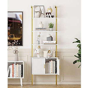 Yusong 73" Tall Bookshelf with Cabinet, Industrial Ladder Wall Mount Shelf Bookcase with Wood and Metal Frame, Plant Shelf Wall Storage Display for Living Room Bedroom, White Gold