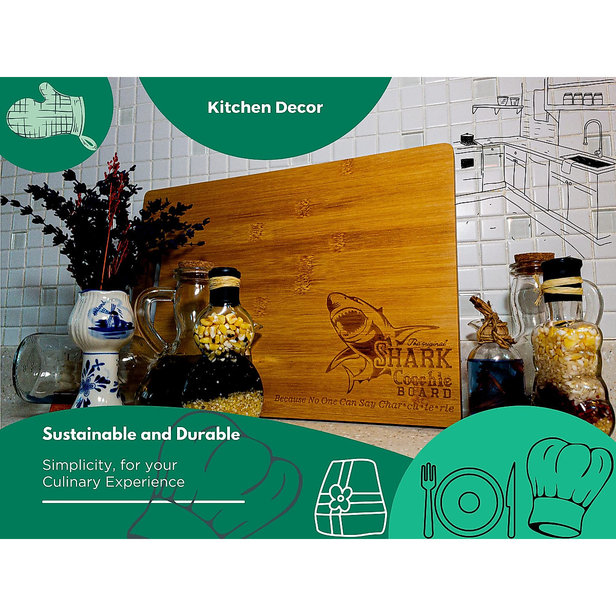 Greenrex Charcuterie Boards, Cheese Board, Shark Coochie Board, White Elephant Gifts, Cutting Boards for Meat, Serving Board (13,75"/ 9,75"/ 0.63") One Size