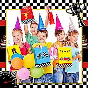 24 Pieces Race Car Party Bags Race Car Party Supplies Goodie Gift Bags Treat Bags with Handles for Checkered Flag Birthday Race Car Theme Party Decorations Boy Gifts