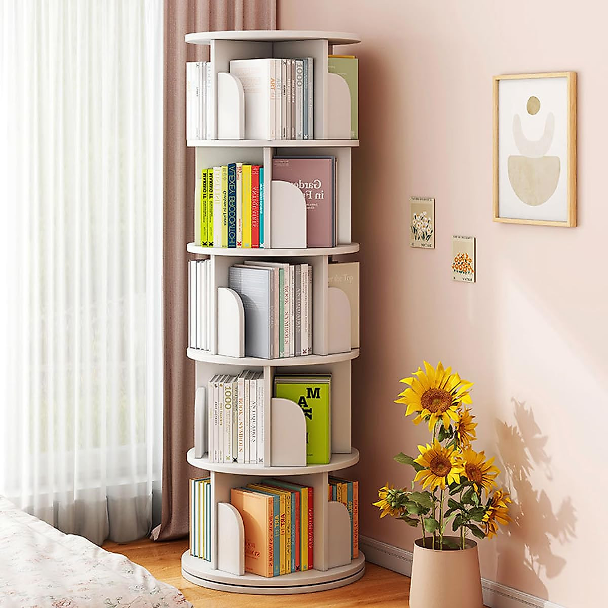 foriy 5 Tier Rotating Bookshelf 360° Revolving Bookcase Modern Tall Book Shelf Storage Display Rack Floor Standing Shelves with Baffle for Home Living Room Study Office White 63''X18''X18''