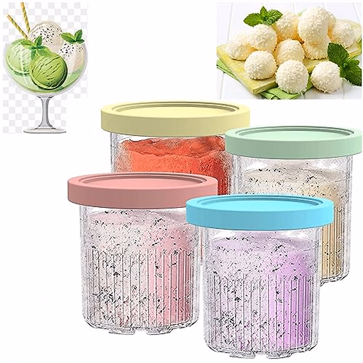 EVANEM Creami Pints and Lids - 4 Pack, for Ninja Creami Pints Lids,24 OZ Ice Cream Container Reusable,Leaf-Proof Compatible with NC501 Series Ice Cream Makers