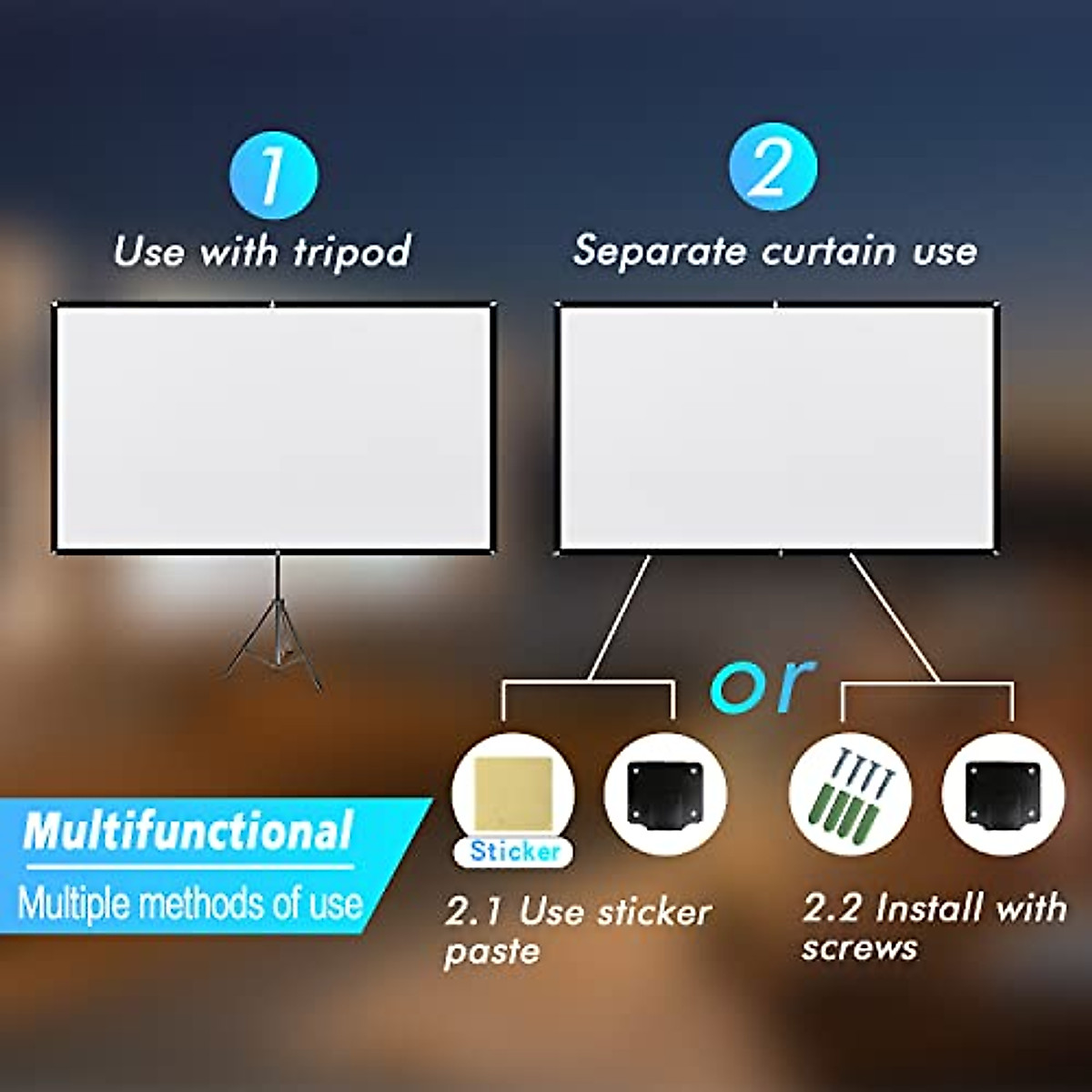 OWLENZ 100" New Upgrade PVC Projector Screen with Tripod Stand 16:9 4K HD Anti Crease Portable Projection Screen for Indoor Outdoor Movie Nights Film Screen