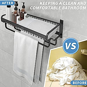 Bathroom Lavatory Towel Rack with Two Towel Bars,Zomhusea 22 in Aluminum Wall Mount Bath Towel Baskets with Hooks Laundry Room Bath Towel Storage Shelf