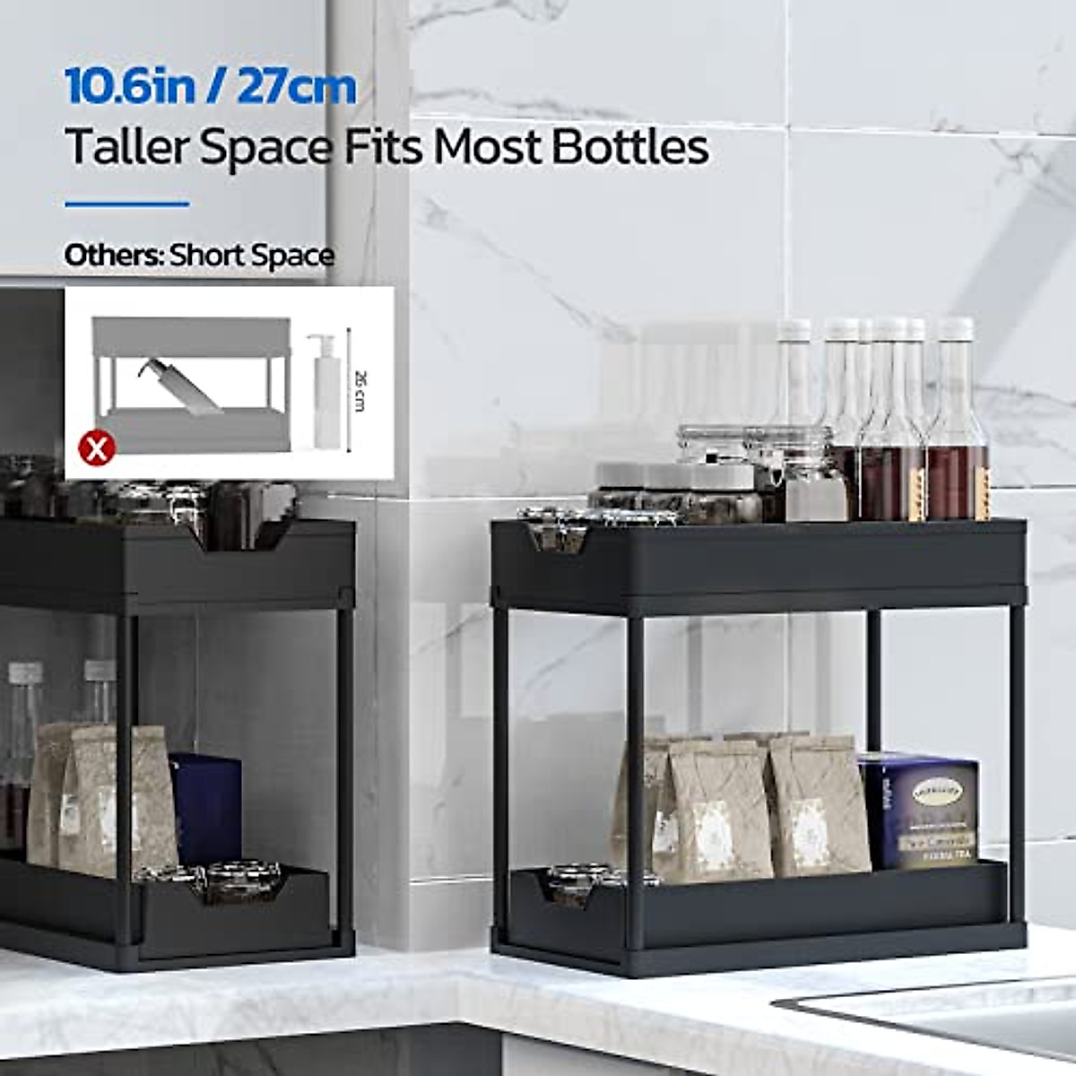 Verdenu Under Sink Organizer, 2 Tier Sliding Drawer Pull Out Organizer and Storage, Under Cabinet Organizer, Bathroom Organizer Under Sink with Hanging Cups and 4 Hooks for Bathroom, Kitchen