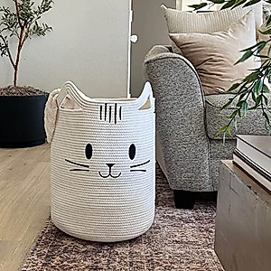 INDRESSME Cute Baby Laundry Basket, Tall Nursery Hamper for Clothes, Towels, Blankets, Kids Toy Storage Basket for Living Room, Bedroom, Cat Basket for Playroom, 16 x 20 inches, White