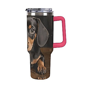 LLUTSNTH 40 Oz Vacuum Tumbler with Light Rose Red Handle Leakproof Insulated Tumbler Cute Dachshund Stainless Steel Travel Mug with Lid And Straw Coffee Cup Cute Water Bottles Cup Holder Friendly