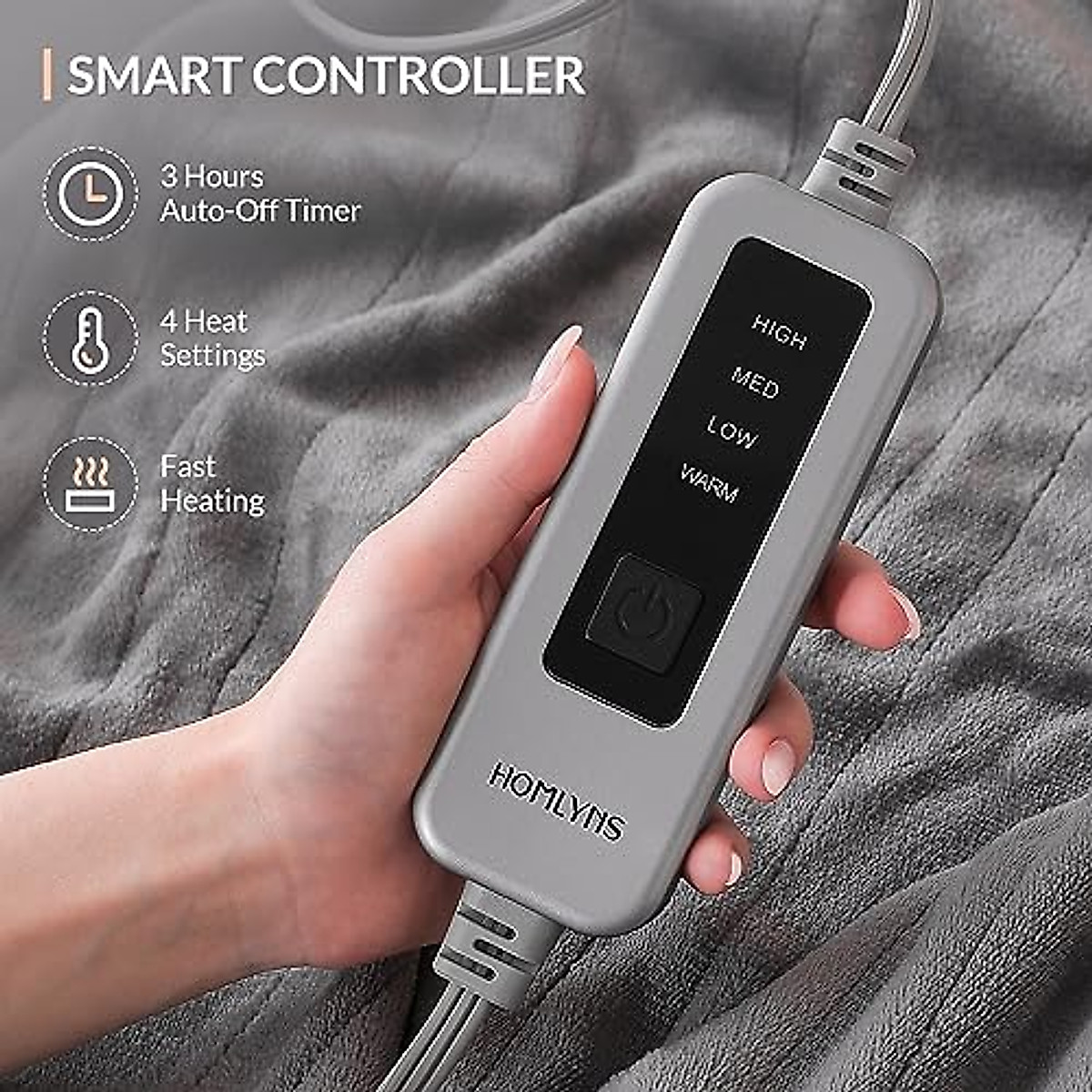 HOMLYNS Heated Blanket Heated Throw, Electric Blanket with 3 Hours Timer Auto-Off & 4 Heating Levels, Double-Layer Flannel Heating Blanket with ETL Certification, Machine Washable (50" x 60", Grey)