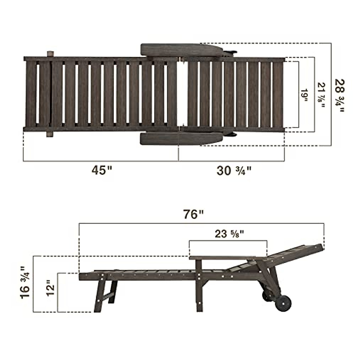 ACUEL Chaise Lounge Chairs for Outside, HDPE Outdoor Lounge Chairs with Adjustable Backrest, Wheels, Armrest, All Weather Poly Lumber Recliner for Patio, Poolside, Porch (Dark Brown)