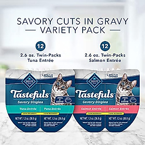 Blue Buffalo Tastefuls Savory Singles Adult Cuts in Gravy Wet Cat Food Variety Pack, Salmon and Tuna Entrée, 2.6-oz Twin-Pack Tray 24 Count(Pack of 2)