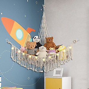 63" x 63" x 51.2" Boho Stuffed Animal Toy Hammock Macrame Large Corner Mesh Toy Storage Hanging Wall Toys Organizer with Light for Bedroom Decor