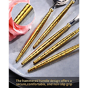 Lemeya 20-Piece Hammered Silver Gold Silverware Set,18/10 Stainless Steel Forging Heavy Duty Cutlery Set for 4, Luxury Unique Flatware Set,Spoons and Forks Set,Mirror Polished,Dishwasher Safe