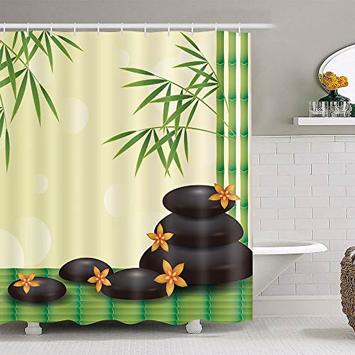 EARVO Spa Theme Shower Curtain, Bamboos Basalt Massage Stones Physical Therapy Enjoy Relaxing Time for Family Bathroom Decor Water-Repellent Cloth with Hooks, 72x72 inches LHEA784-72