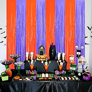 Mega-L Halloween Party Decorations, 2 Packs Orange Purple Photo Booth Props, 3.3 x 6.6 ft Halloween Foil Fringe Curtains with Bats, Photo Backdrop Streamers Halloween Party Supplies