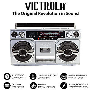 Victrola 1980s Retro Bluetooth Boombox with Cassette Player and AM/FM Radio, Wired and Wireless Streaming, Classic 80s Style with Modern Technology, Silver