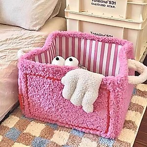 Cute Pink Large Storage Basket Plush Handle Decorative Cute Baskets for Storage and Organizations Girls Gifts Organizer Tote Bag Dorm Bedroom Nursery Toys Household Laundry 15.7"x11.8"x9.8" (Pink)