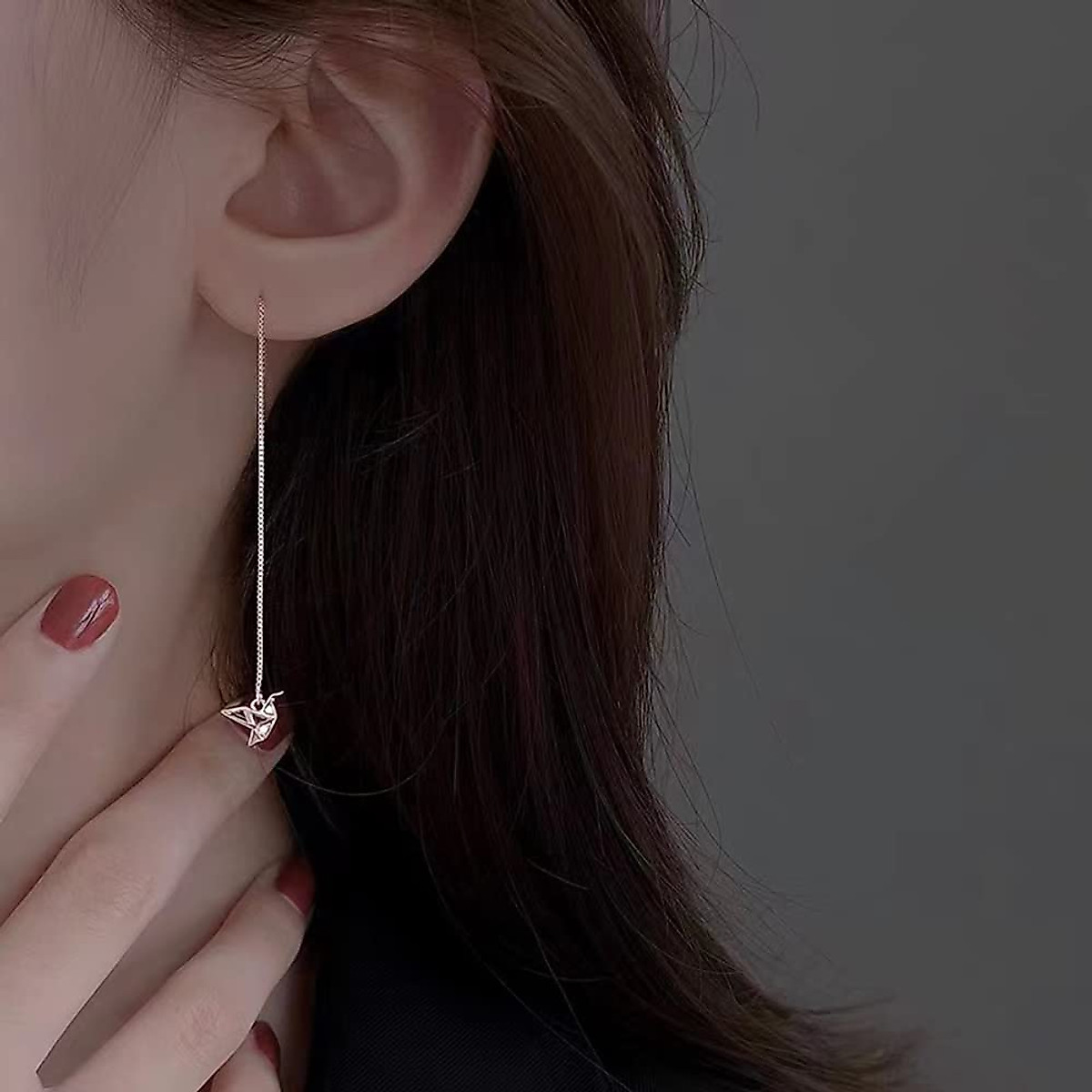 Origami Paper Crane Dangle Drop Earrings Sterling Silver Good Luck Tassel Threader Long Chain Ear Line Stud Earring Hypoallergenic for Women Girls (Rose Gold)