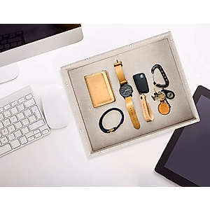 HofferRuffer Elegant Desktop Organizer, Vanity Tray, Bathroom Storage Tray Holder, Dresser Jewelry Tray, Change Coin Key Watch Catchall Tray, 10.2 x 8.4 x 1.8 inches (Light Grey Faux Leather Shagreen)