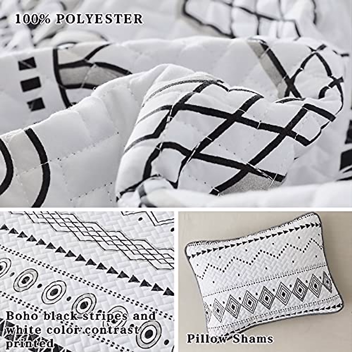 Flysheep 3-Piece Bohemian Geometric King Quilt Set, Aztec White n Black Boho Striped Summer Lightweight Bedspread/Coverlet Set, Brushed Microfiber for All Season - 104" x 90"