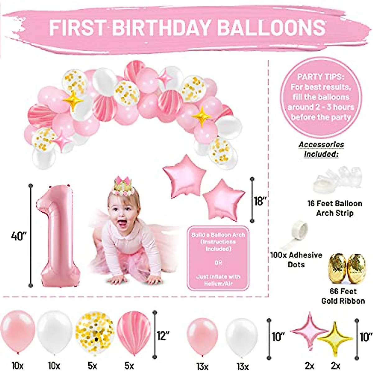 1st Birthday Girl Decorations WITH Birthday Crown- Baby First Birthday Decorations Girl - Pink and Gold Party Supplies - One Balloon, Heart and Confetti Balloons, Happy Birthday Banner ONE Cake Topper