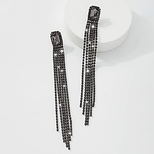 Xerling Long Rhinestones Tassel Earrings Bridal Black Chandelier Fringe Bohemian Earrings for Women Sparkling Crystal Dangle Drop Earrings for Girls (Black)