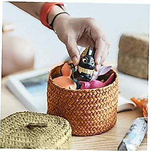 tJexePYK Mini Wicker Storage Baskets with Lid Natural Round Desktop Storage Basket Japanese Style Small Spun Wicker Basket Box
