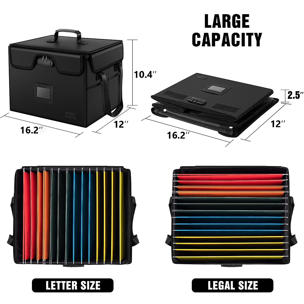 AMBOR File Box with 10 Packs File Folders(Letter Size), Fireproof File Document Box with Lock, Portable Filing Cabinet for Home Office, Document Organizer for File Folders/Certifications/Books