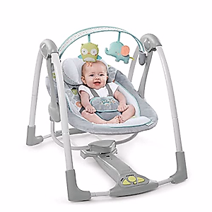 Ingenuity 5-Speed Portable Baby Swing with Music, Nature Sounds & Battery-Saving Technology - Hugs & Hoots, Swing 'n Go, 0-9 Months
